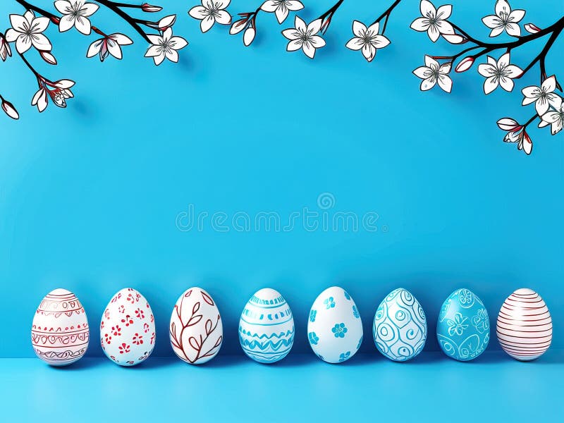 Colorful Easter on Blue Background, Cherry Blossoms, Festive Mood Stock ...