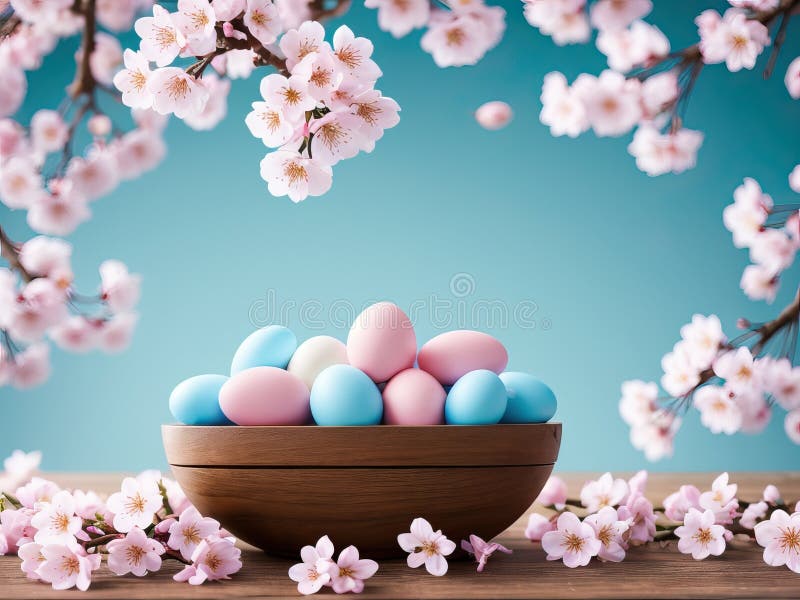 Colorful Easter on Blue Background, Cherry Blossoms, Festive Mood Stock ...