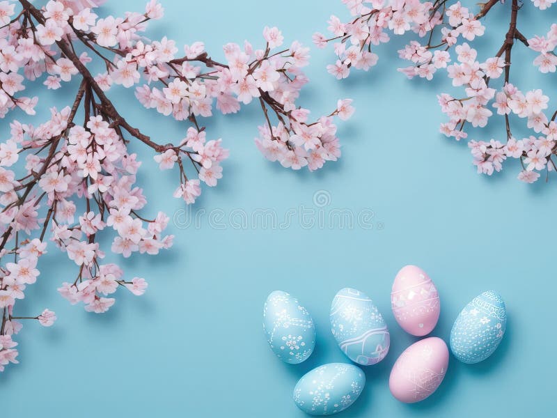 Colorful Easter on Blue Background, Cherry Blossoms, Festive Mood Stock ...