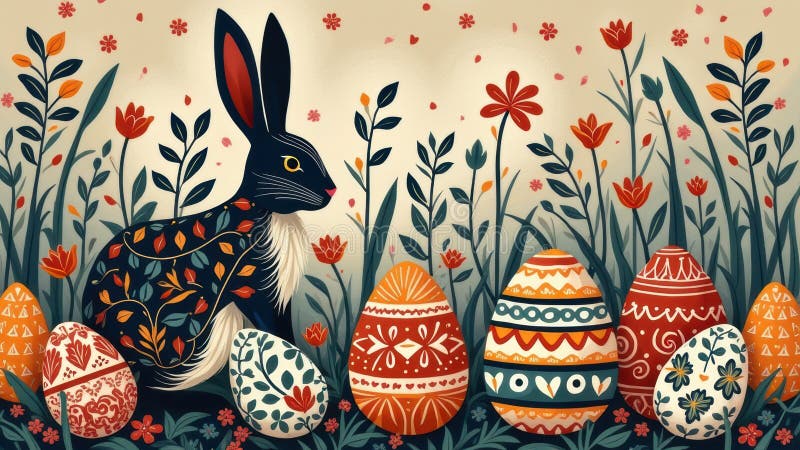 Colorful Easter Bunny Amid Floral Patterns and Decorated Eggs Stock ...