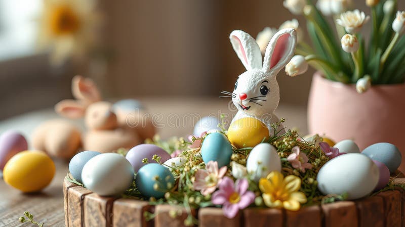 Colorful Easter Bunny Decoration Surrounded by Eggs and Flowers in a ...