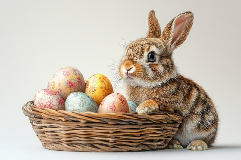Colorful Easter Bunny Rabbit in Basket with Painted Eggs Stock ...