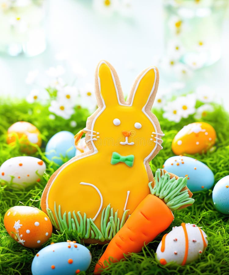 Colorful Easter Bunny-shaped Cookie with Icing, Surrounded by Decorated ...