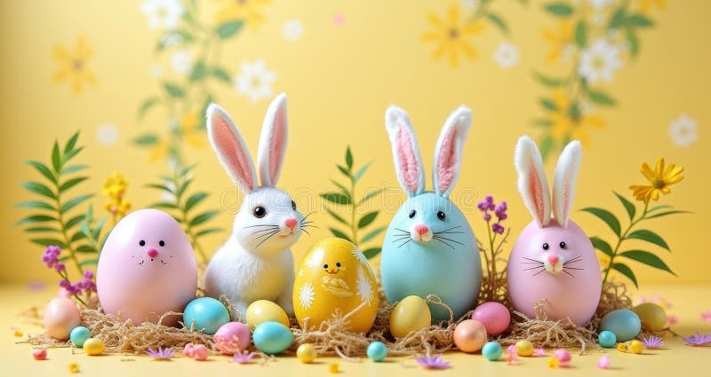 Colorful Easter Bunny-themed Eggs with Spring Flowers and Pastel Colors ...