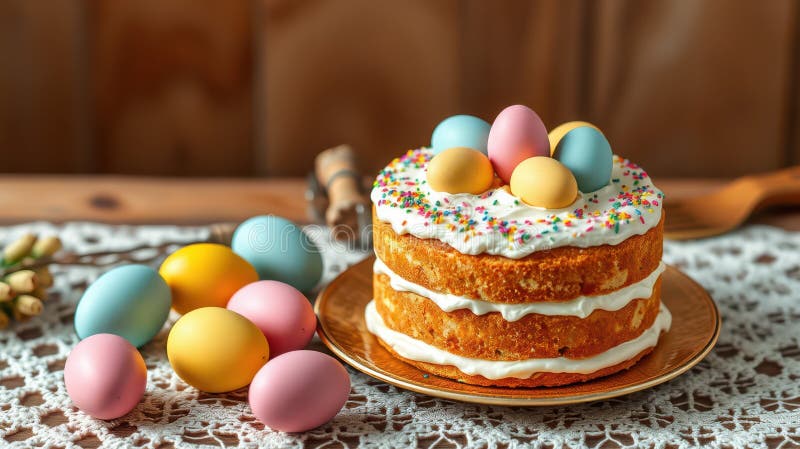 Colorful Easter Cake with Pastel Eggs on a Decorative Table Setting during Spring Celebration ...