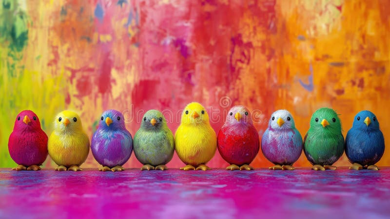 Colorful Easter Chicks Standing in a Row on Colorful Background Stock ...