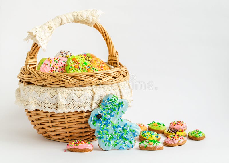 Colorful Easter Cookies in a Basket Stock Photo - Image of icing, iced ...