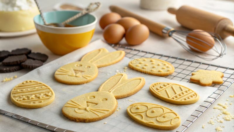 Colorful Easter Cookies on Wire Rack with Baking Ingredients in Cozy ...