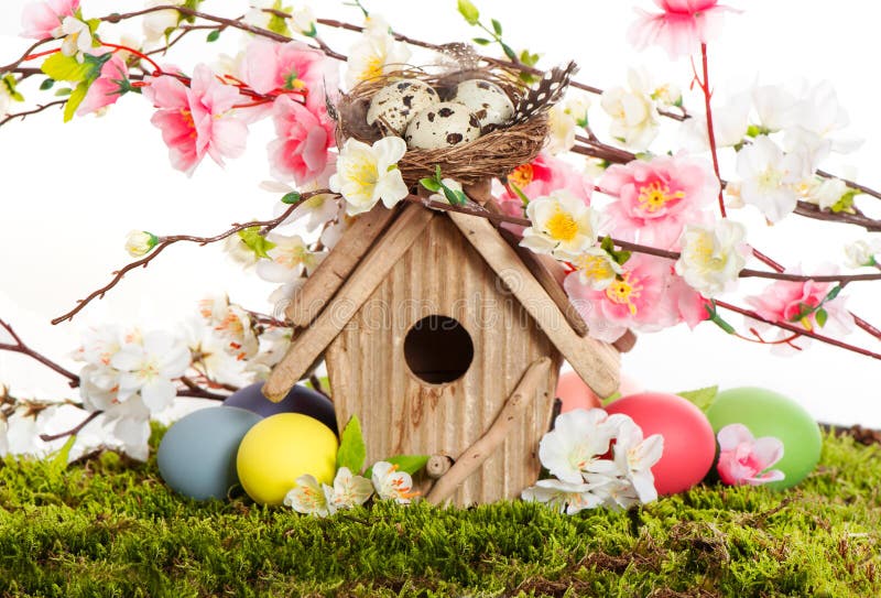 Colorful Easter Decoration with Birdhouse and Eggs Stock Image - Image ...