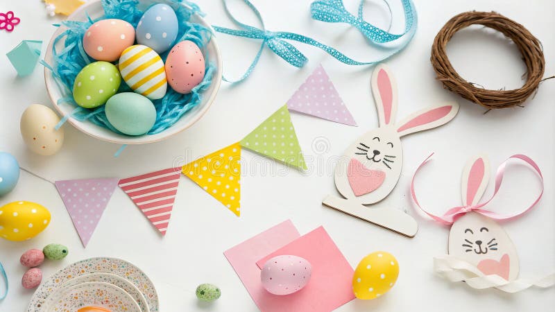 Colorful Easter Decorations with Eggs and Bunny Crafts on White ...