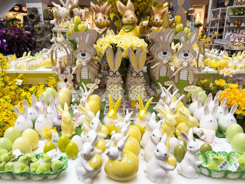 Colorful Easter Display with Ceramic Bunnies, Eggs, and Spring ...
