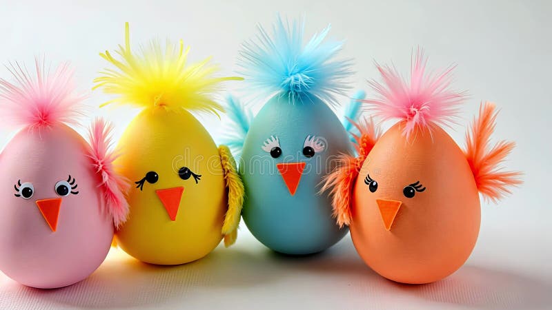 Colorful Easter Egg Birds with Feathers on White Background Stock ...