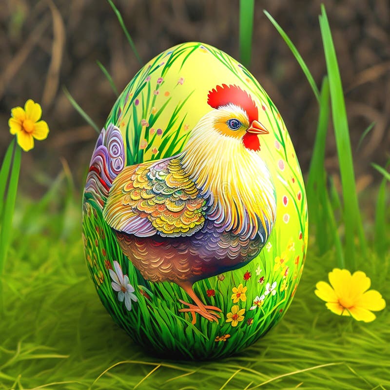 Colorful Easter Egg with the Image of a Rooster Stands on Green Grass ...