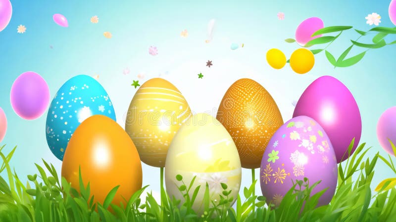 Colorful Easter Eggs Animation on Grass with Falling Petals Stock Video ...
