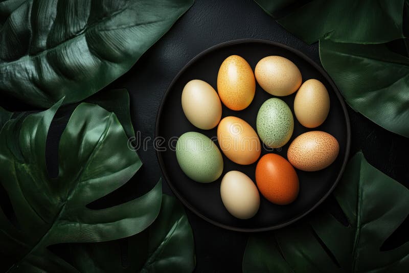 Colorful Easter Eggs Resting on a Dark Plate Surrounded by Tropical ...