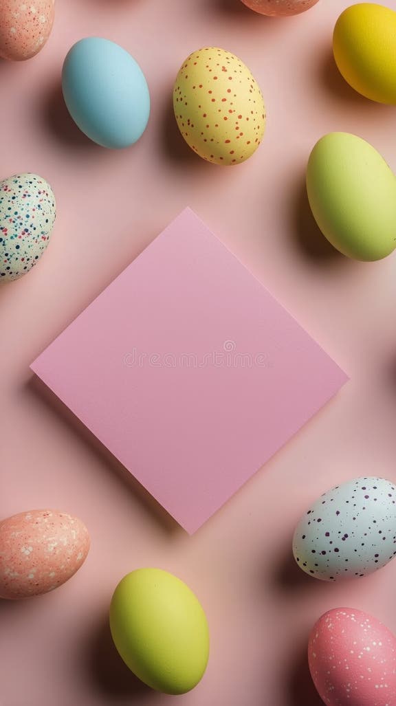 Colorful Easter Eggs Arranged Around a Blank Pink Note on a Pastel ...