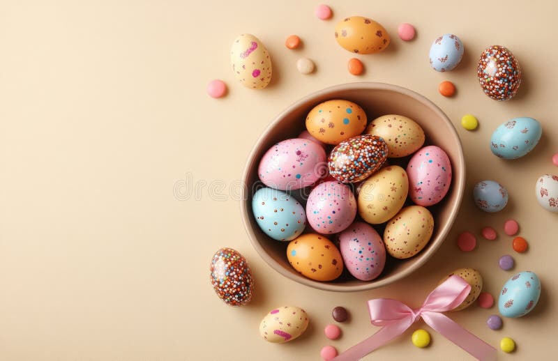 Colorful Easter Eggs Egg Shaped Bowl Ribbon Beige Background Stock ...