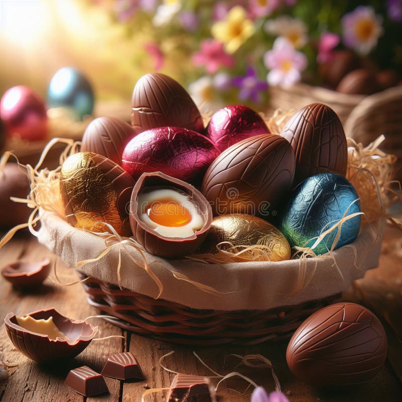 Colorful Easter Eggs in a Basket, Amidst Flowers and Chocolates, Under ...