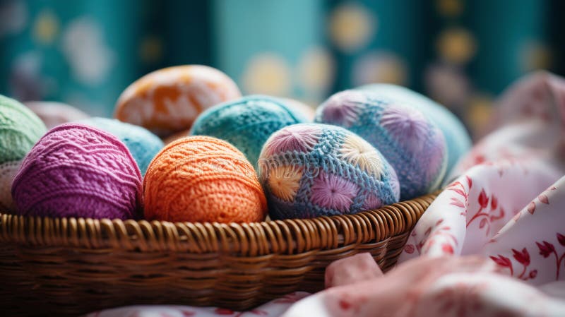 Colorful Easter Eggs in a Basket on a Bed, AI Stock Photo - Image of ...