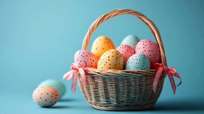 Colorful Easter Eggs in a Basket with Polka Dots on Blue Background. Stock Image - Image of ...