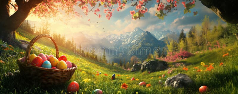 Colorful Easter Eggs in Basket Under Blooming Cherry Trees in Scenic ...