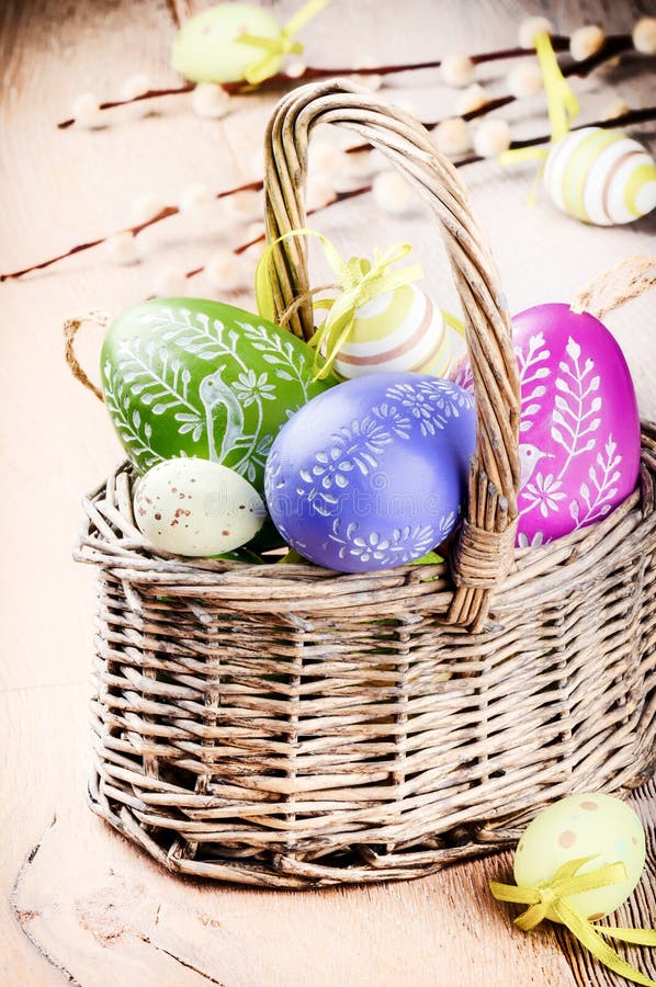 Colorful Easter Eggs in Basket Stock Photo - Image of holiday, farm ...