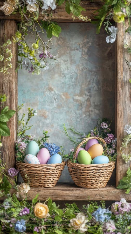 Colorful Easter Eggs in Baskets Surrounded by Spring Flowers on a ...