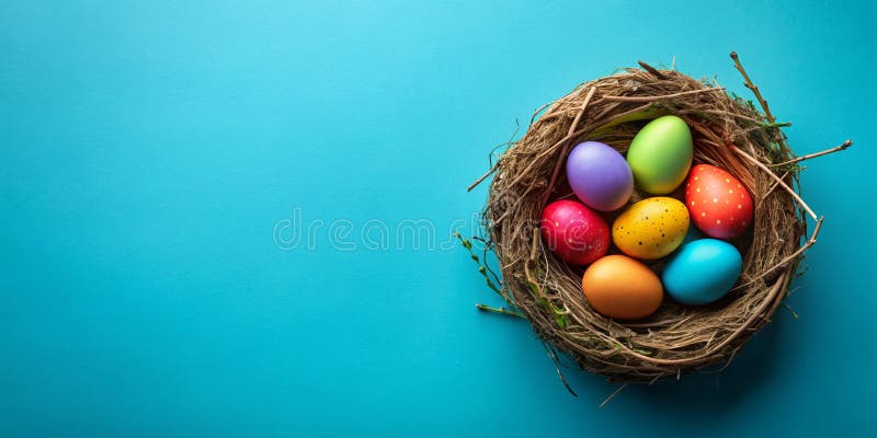 Colorful Easter Eggs in Bird S Nest Top View Blue Background AI ... Colorful Easter Eggs in Bird S Nest Top View Blue Background AI ...