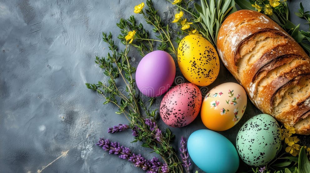 Colorful Easter Eggs and Bread Framing Fresh Spring Flowers on Rustic ...
