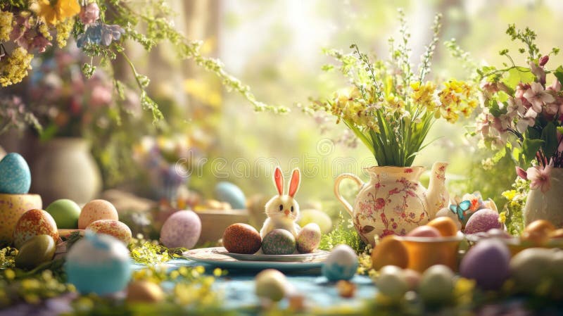 Colorful Easter Eggs and Bunny Decorated Table Setting Stock ...