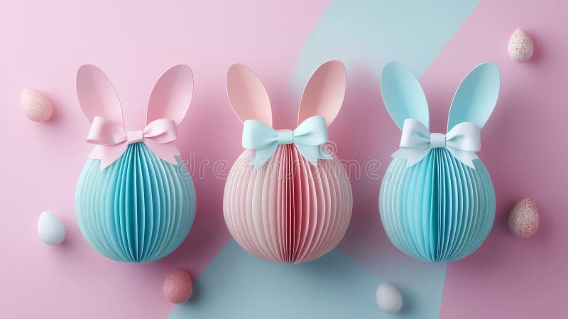 Colorful Easter Eggs with Bunny Ears on Pastel Pink and Blue Background Stock Illustration ...