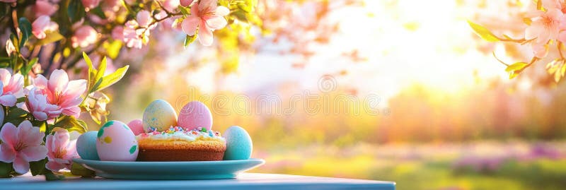 Colorful Easter Eggs and Cake in Spring Garden Setting with Blossoms ...