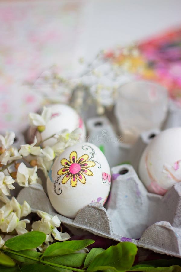 Colorful Easter Eggs, in Cardboard Box, Decorated with Decoupage ...