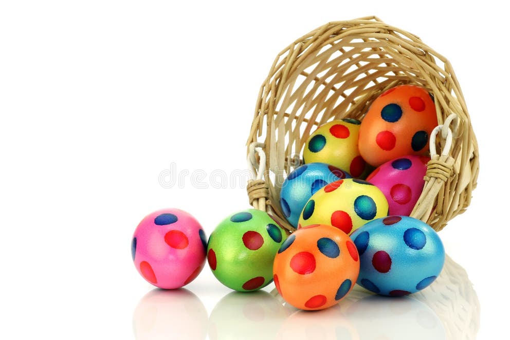 Colorful Easter Eggs Coming from a Wicker Basket Stock Image - Image of ...