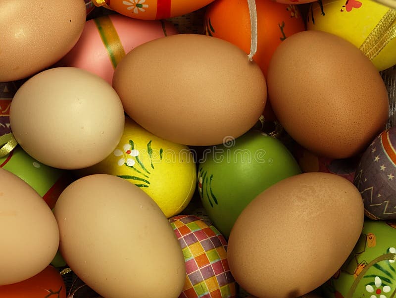 Colorful Easter Eggs in the Company of Ordinary Eggs. Stock Image ...