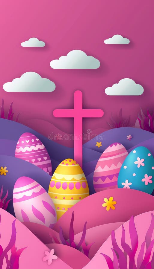 Colorful Easter Eggs with Cross and Clouds on Pastel Background for ...