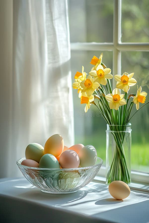 Easter Daffodils Pastel Eggs Sunny Windowsill Stock Photos - Free & Royalty-Free Stock Photos ...