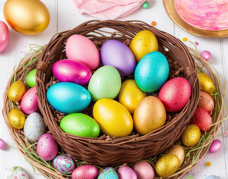 Colorful Easter Eggs in Decorative Wicker Basket Stock Image - Image of ...