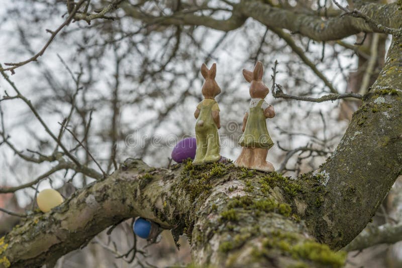 Colorful Easter Eggs and Easter Bunny on a Tree Stock Image - Image of ...