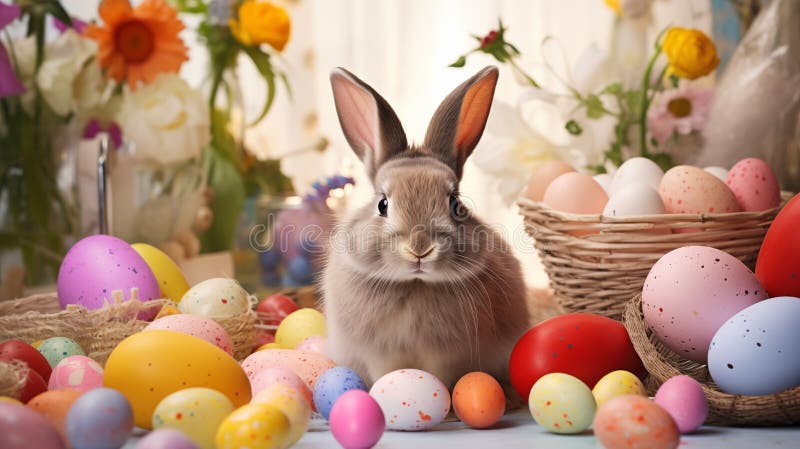 Easter Eggs Surrounding a Cute Rabbit Symbolize Easter.AI Generated ...