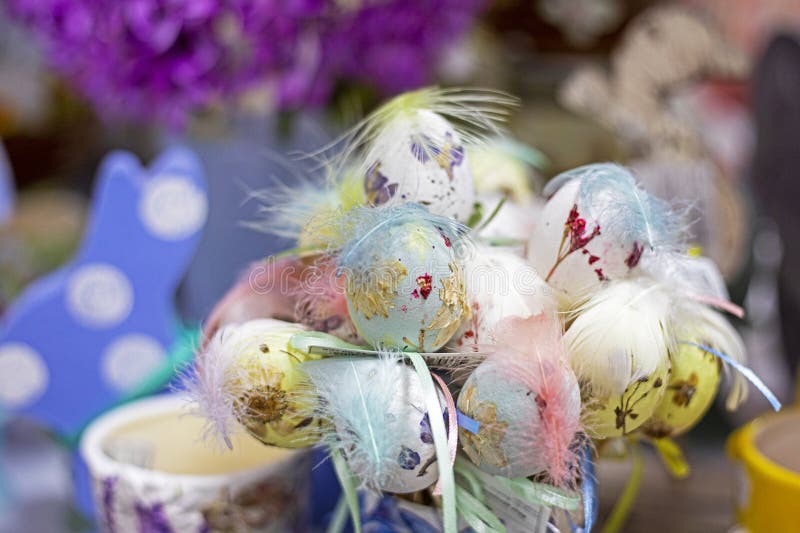 Colorful Easter Eggs with Feathers. Easter Stock Image - Image of ...
