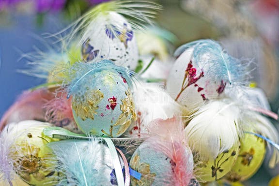 Colorful Easter Eggs with Feathers. Easter Stock Photo - Image of ...