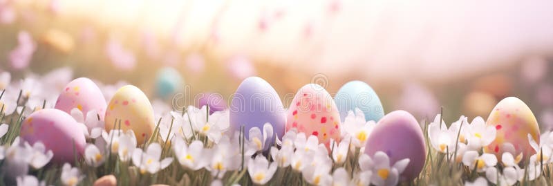 Colorful Easter Eggs in Field of Blooming White Crocuses Banner ...
