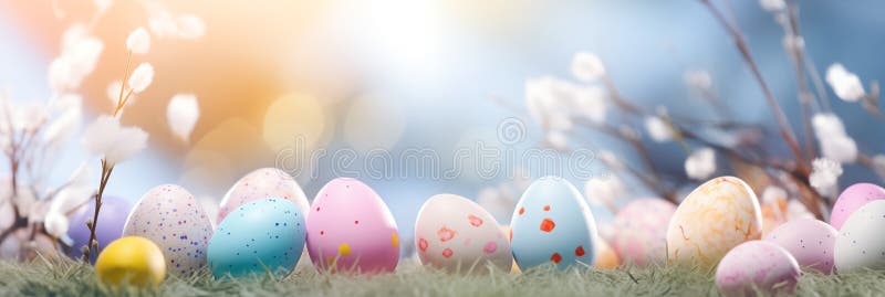 Colorful Easter Eggs in Field of Blooming White Crocuses Banner ...