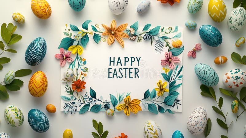 Colorful Easter Eggs and Floral Border with Happy Easter Message Happy ...