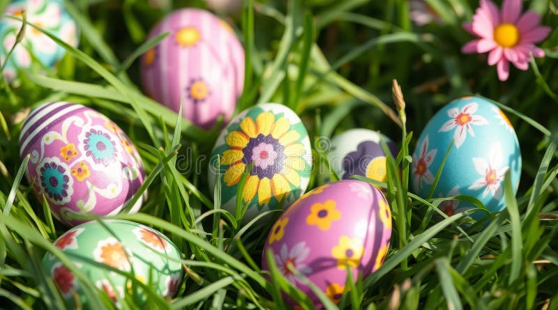 Colorful Easter Eggs with Floral Designs Scattered in Lush Green Grass ...