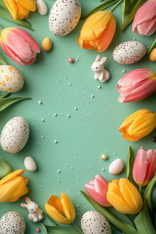 Spring Celebration with Pastel Colored Eggs and Fresh Flowers on a Blue ...