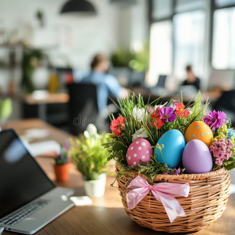 Colorful Easter Eggs Flowers Modern Office Setting Springtime ...