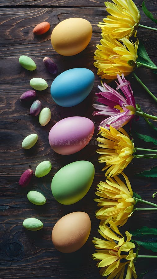 Colorful Easter Eggs and Flowers on Wooden Table, Flat Layout Stock ...