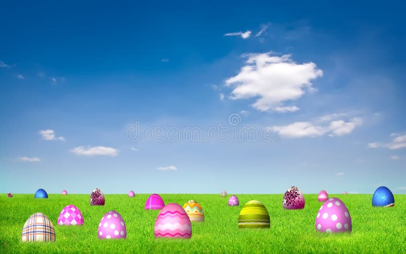 Colorful Easter Eggs on Grass Field Stock Illustration - Illustration ...